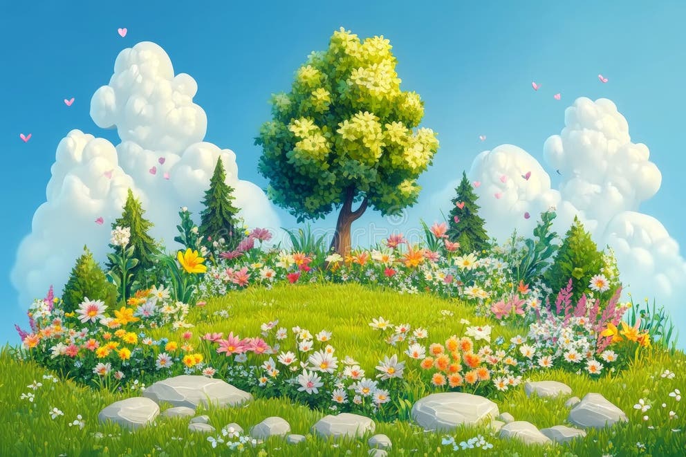 Enchanted Spring Meadow Landscape Stock Illustration - Illustration of ...