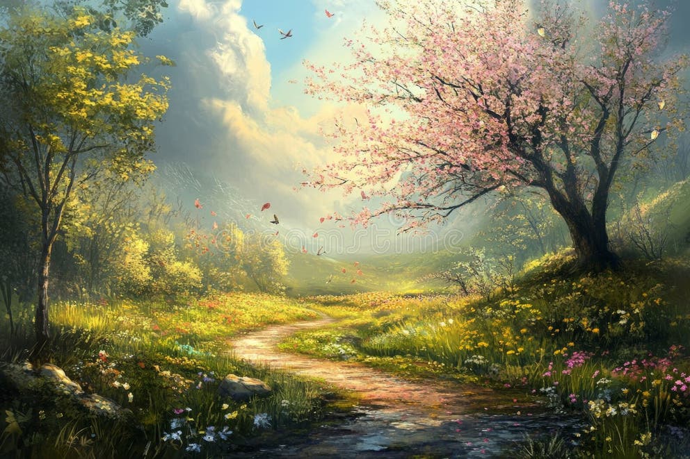 Enchanted Spring Meadow Path Stock Illustration - Illustration of ...