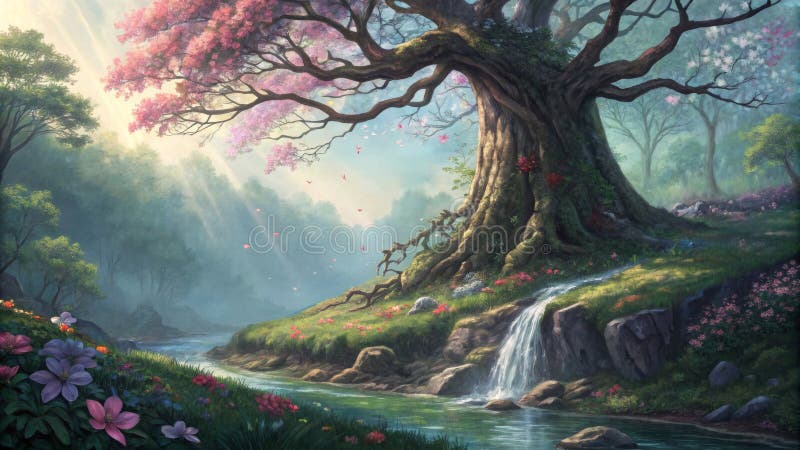 Enchanted Spring Tree Digital Painting Stock Illustration ...