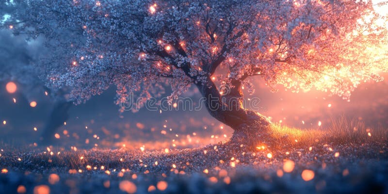 Enchanted Spring Tree in Magical Light Stock Illustration ...