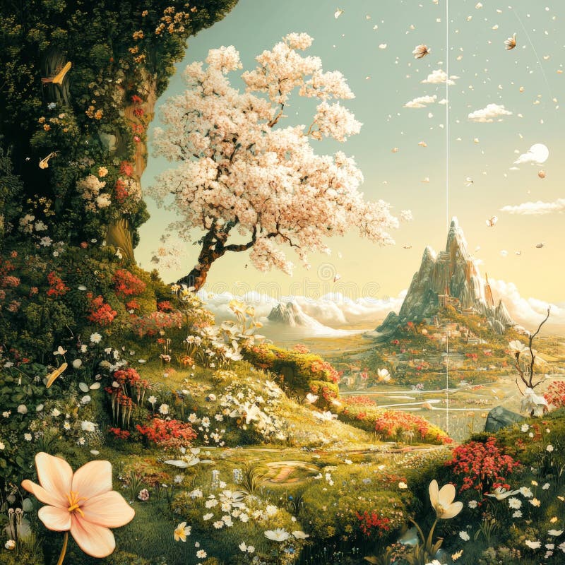 Enchanted Spring Valley Landscape Stock Illustration - Illustration of ...
