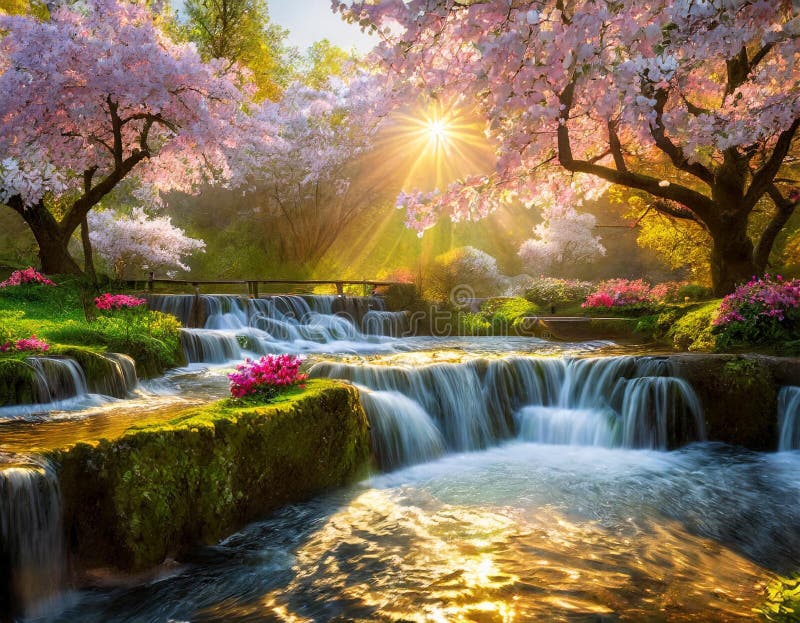 Enchanted Spring Waterfall with Cherry Blossoms Stock Illustration ...