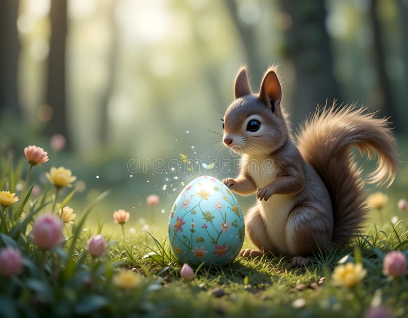 Enchanted Squirrel with Magical Egg in Forest Stock Illustration ...
