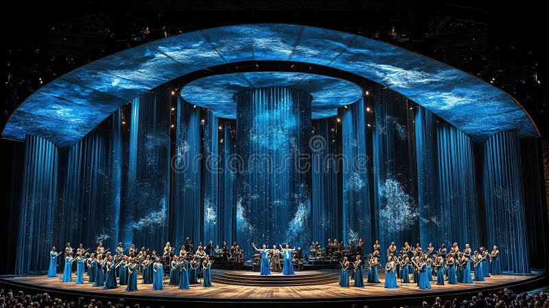 Enchanted Stage Display with Performers in Blue Stock Illustration ...