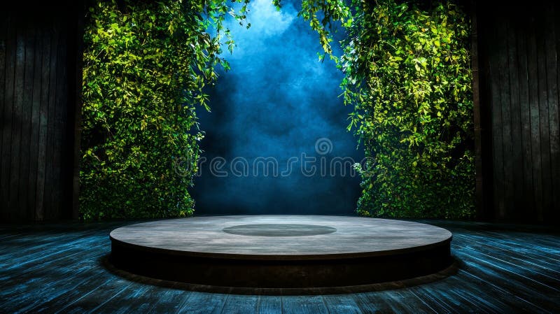 Enchanted Stage Surrounded by Lush Greenery and Fog Stock Illustration ...