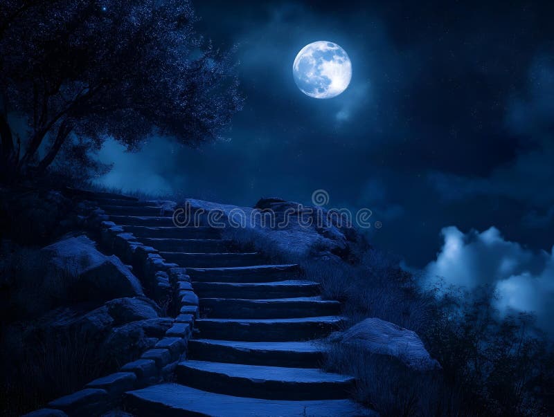 Enchanted Staircase: Stone Steps, Moonlit Night, Mystical Scene Stock ...