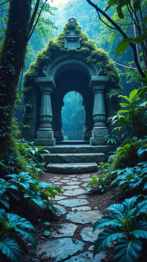 Enchanted Stone Archway in Mystical Forest Surrounded by Lush Greenery ...
