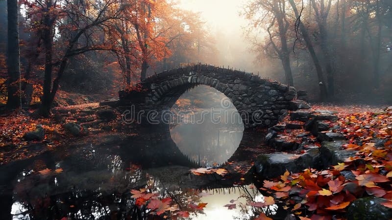 Enchanted Stone Bridge in Autumn Forest with Misty Atmosphere Stock ...