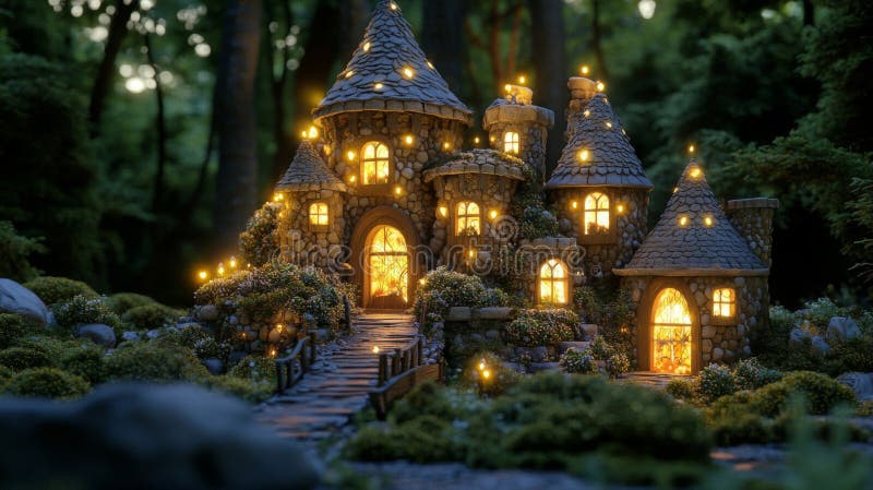 Enchanted Stone Castle in a Dark Forest at Night Stock Illustration ...