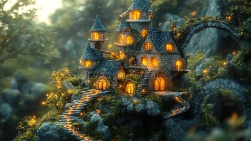 Enchanted Stone Castle in a Magical Forest at Night Stock Illustration ...