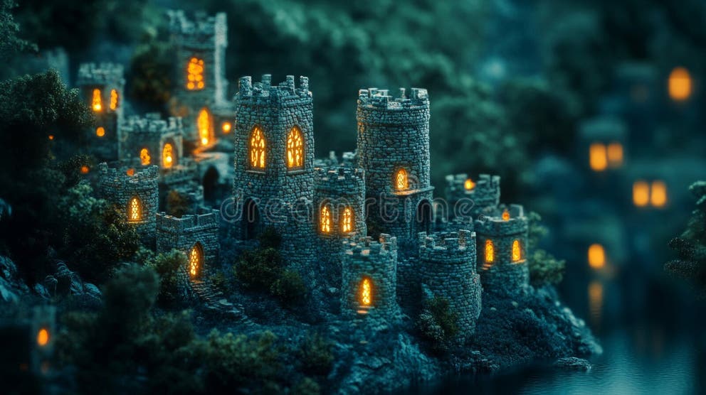 Enchanted Stone Castle at Night Stock Illustration - Illustration of ...