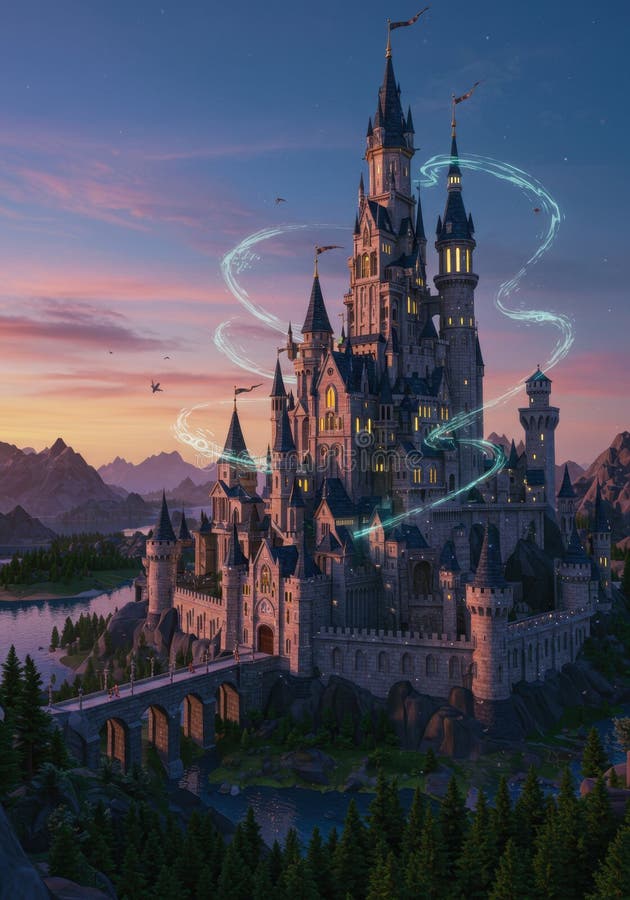 Enchanted Stone Castle at Sunset Stock Illustration - Illustration of ...