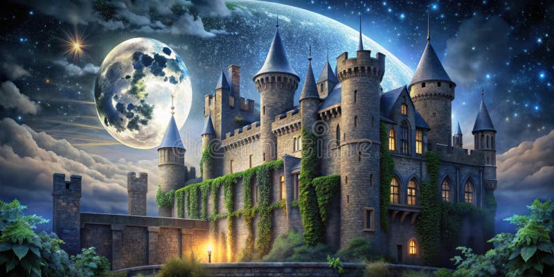 Enchanted Stone Castle Under a Celestial Night Sky. Generative AI Stock ...