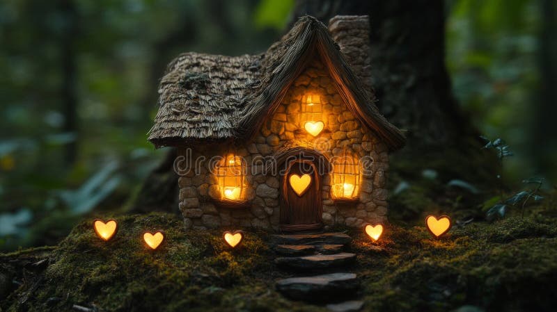Enchanted Stone Cottage in a Glowing Forest at Night Stock Illustration ...