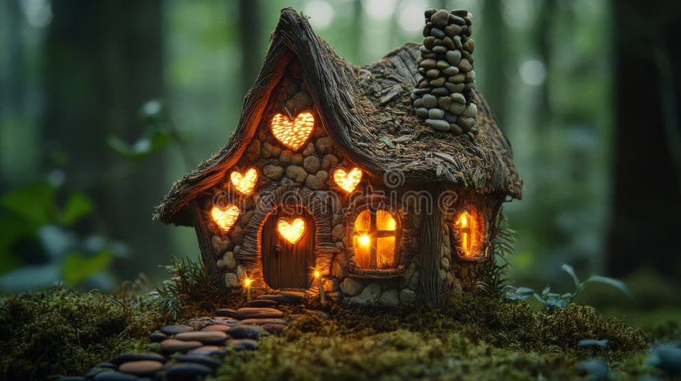 Enchanted Stone Cottage in a Mystical Forest Stock Illustration ...