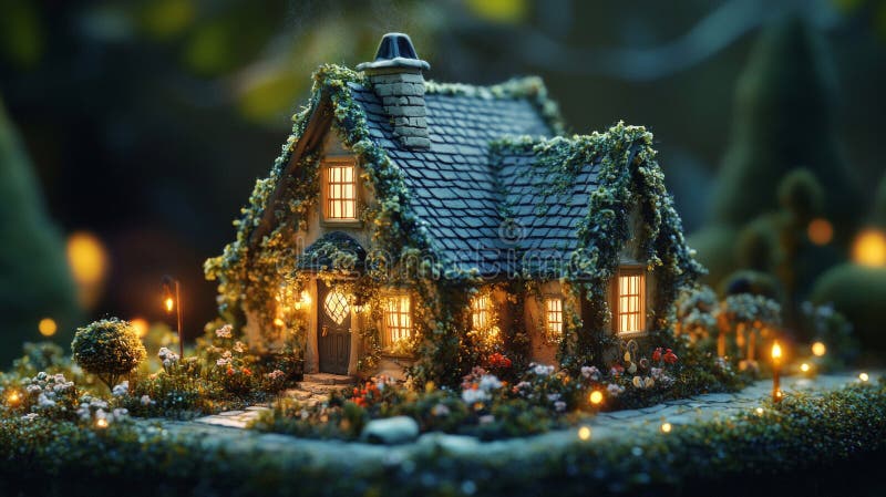 Enchanted Stone Cottage at Night with Glowing Lights Stock Illustration ...