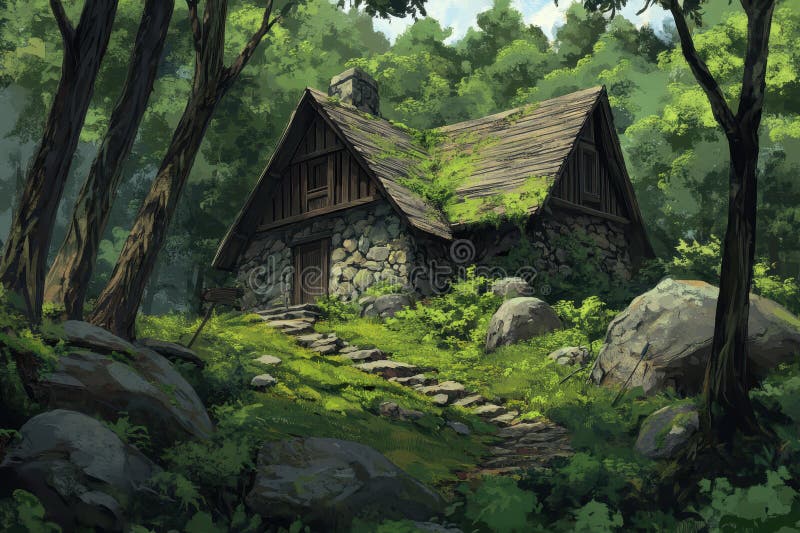 Enchanted Stone Cottage in a Serene Forest Setting Surrounded by Lush ...