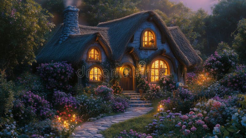 Enchanted Stone Cottage at Twilight with Blooming Flowers Stock ...