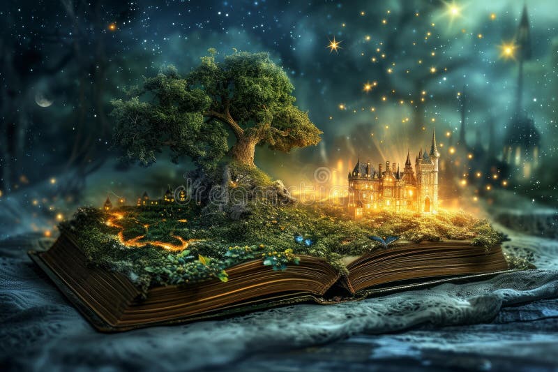 Enchanted Storybook with Magical Castle Landscape Stock Illustration ...