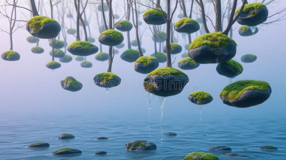 Enchanted Stream with Floating Boulder Canopy Stock Illustration ...