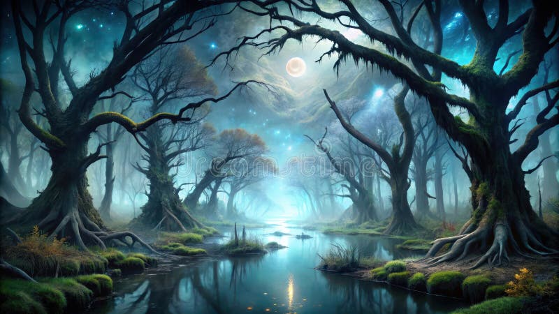 Enchanted Stream Winding through an Ancient, Moss-draped Forest Under a ...