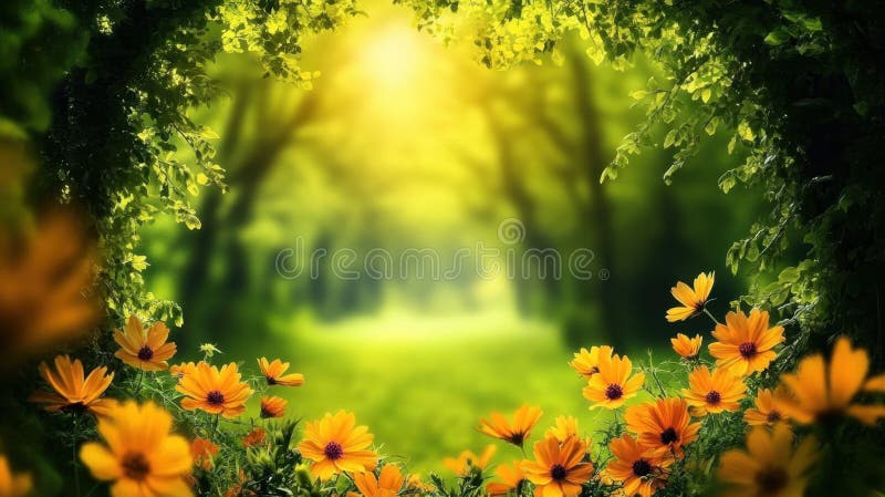 Enchanted Summer Forest Path with Golden Flowers Stock Photo - Image of ...