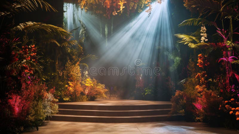 Enchanted Sunlit Forest Stage with Lush Greenery and Vibrant Flowers ...
