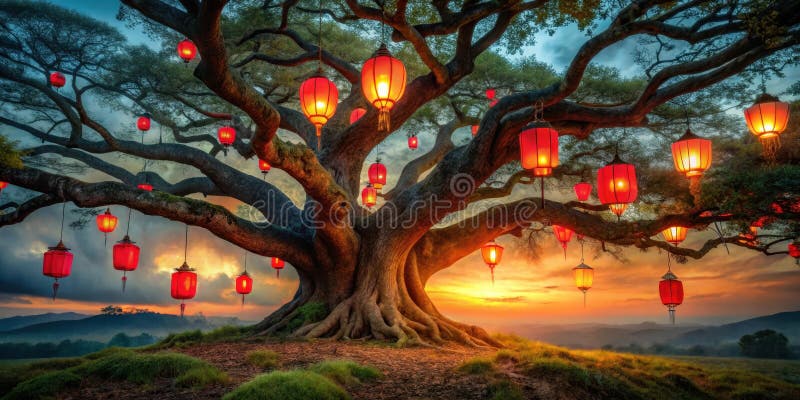 Enchanted Sunset Ancient Tree Adorned with Glowing Red Lanterns ...