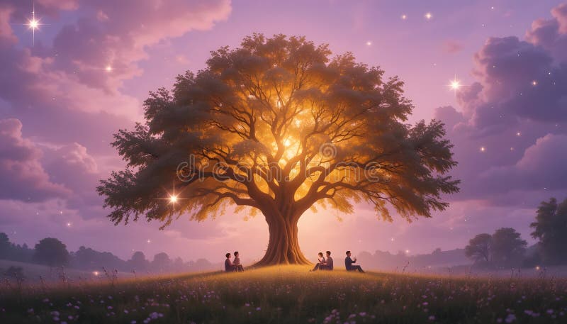 Enchanted Sunset: Gathering Underneath a Luminous Tree Stock ...