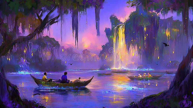 Enchanted Swamp Sunset; Boaters, Waterfall, Magical Flora Stock Image ...