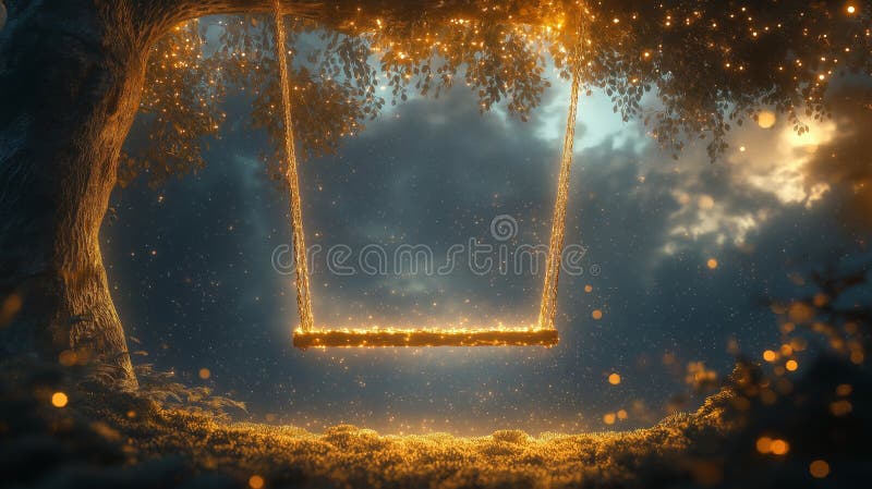 Enchanted Swing Under a Starry Sky in a Magical Forest at Night Stock ...