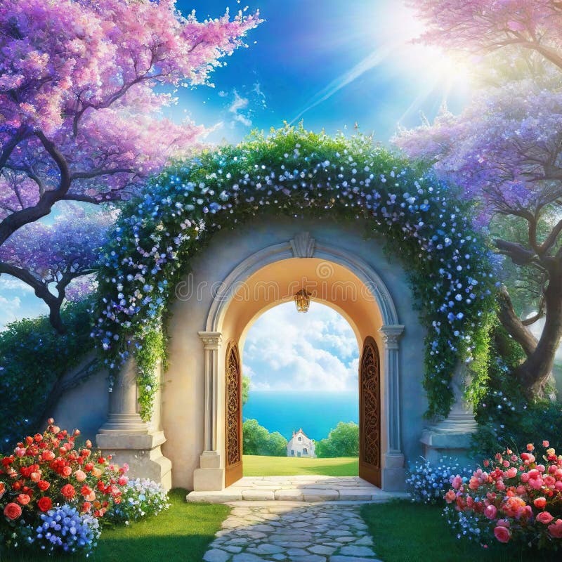 Enchanted Tale Arch with Flowers Stock Illustration - Illustration of ...