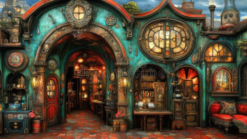Steampunk Alchemist s Shop stock image. Image of bookstore - 363926473