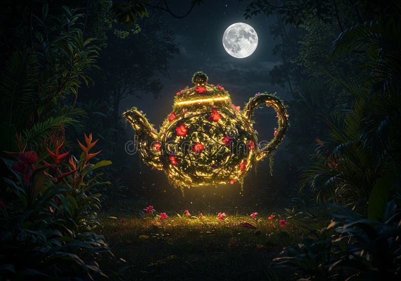 Enchanted Teapot in Mystical Jungle Under Moonlit Night Sky Stock Photo ...