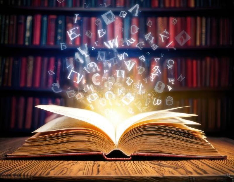 Enchanted Tome Flying Letters and Magical Light in a Library Stock ...