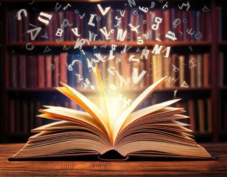 Enchanted Tome Flying Letters and Magical Light in a Library Stock ...