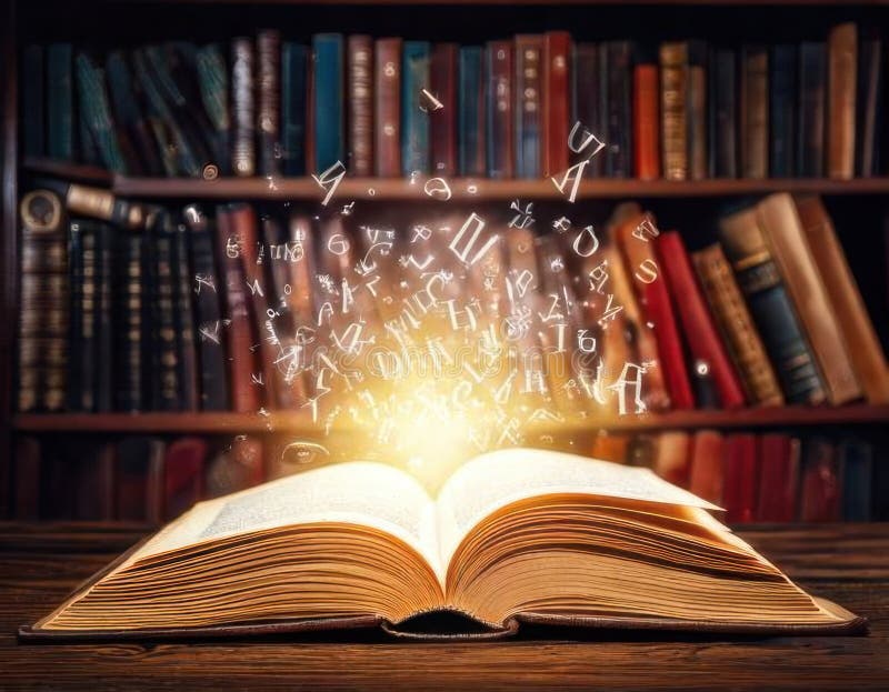 Enchanted Tome Flying Letters and Magical Light in a Library Stock ...