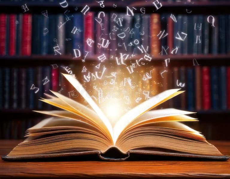 Enchanted Tome Flying Letters and Magical Light in a Library Stock ...