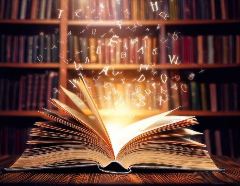 Enchanted Tome Flying Letters and Magical Light in a Library Stock ...