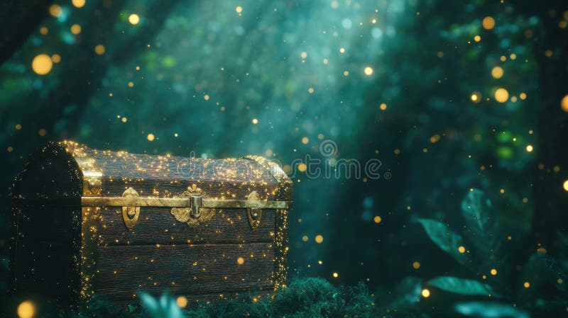 Enchanted Treasure Chest in Magical Forest with Glowing Particles Stock ...