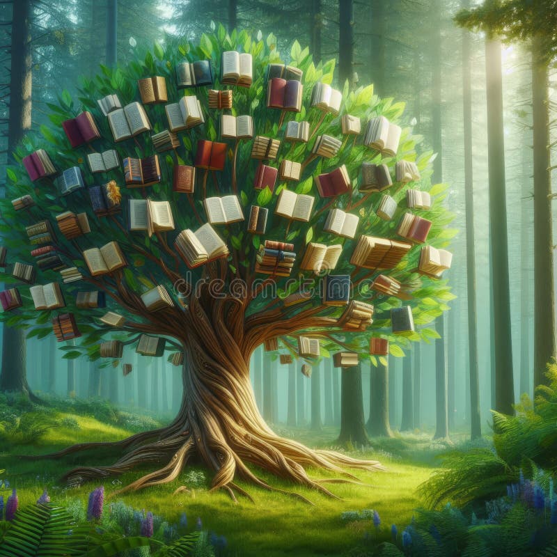 Enchanted Tree with Books in a Sunlit Forest Stock Image - Image of ...