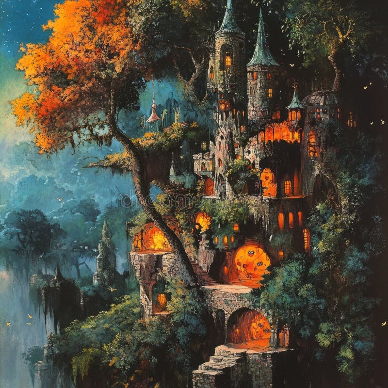 Enchanted Tree Castle at Night Stock Illustration - Illustration of ...