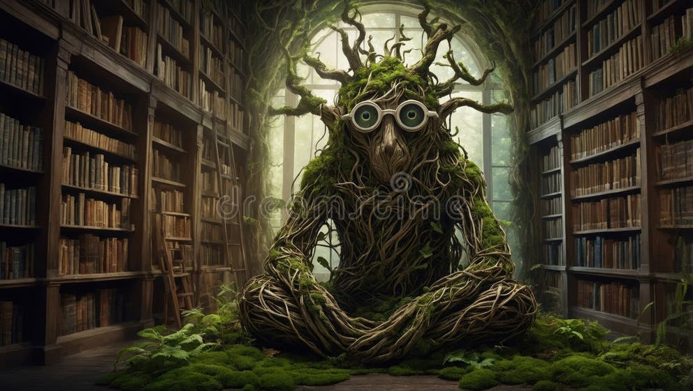 Enchanted Tree Creature Meditating in a Magical Library of Knowledge ...