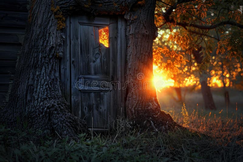 Enchanted Tree Door at Sunset Stock Image - Image of secret, tranquil ...