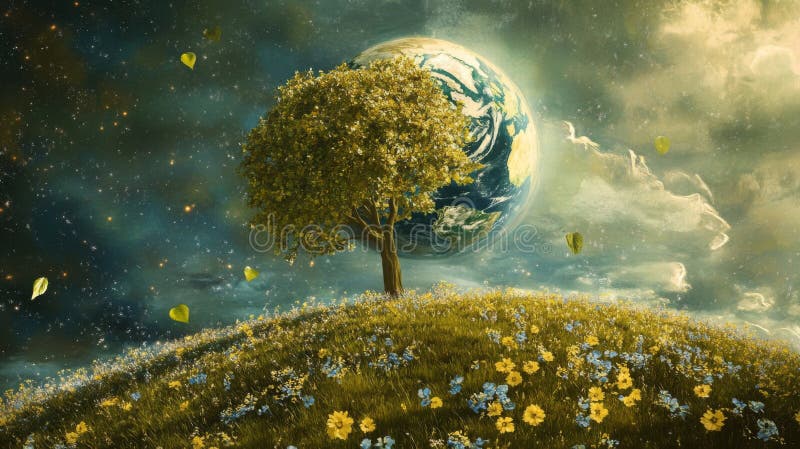 Enchanted Tree and Earth: a Dreamlike Landscape Stock Illustration ...