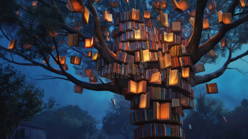 Tree of Books in Enchanted Forest Stock Image - Image of magical ...