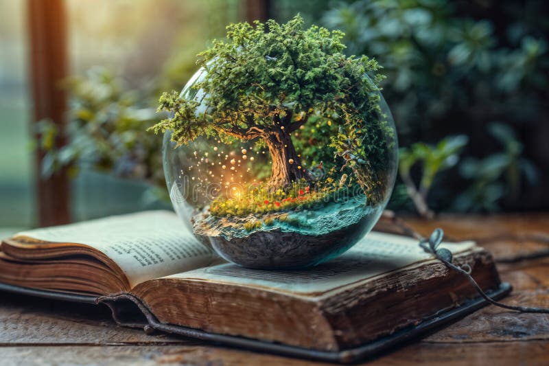 Enchanted Tree in Glass Orb on Book. Created with Generative AI Stock ...