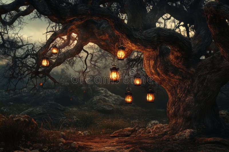 Enchanted Tree with Glowing Lanterns in a Mysterious Forest Stock ...