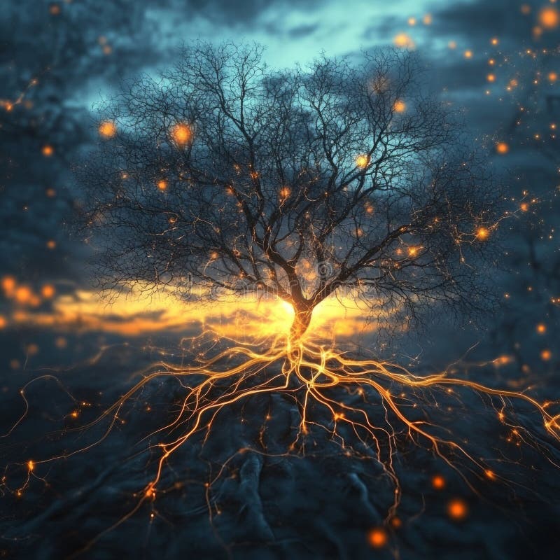 Enchanted Tree with Glowing Roots at Twilight Amidst Mystical Light ...