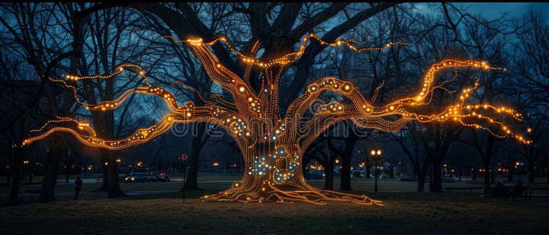 Enchanted Tree Glowing with Warm Lights in the Night Stock Illustration ...
